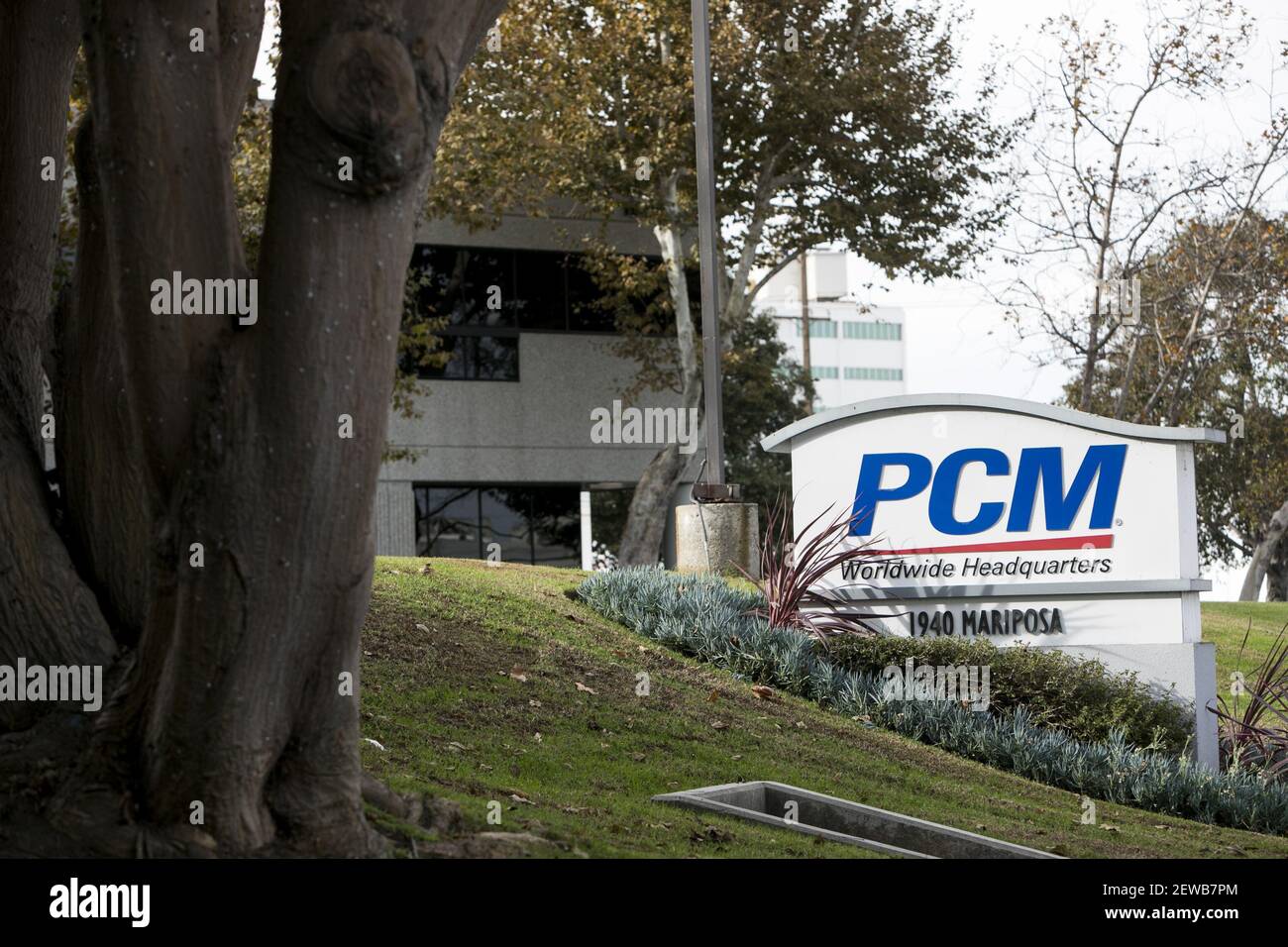 A logo sign outside of the headquarters of PCM in El Segundo ...