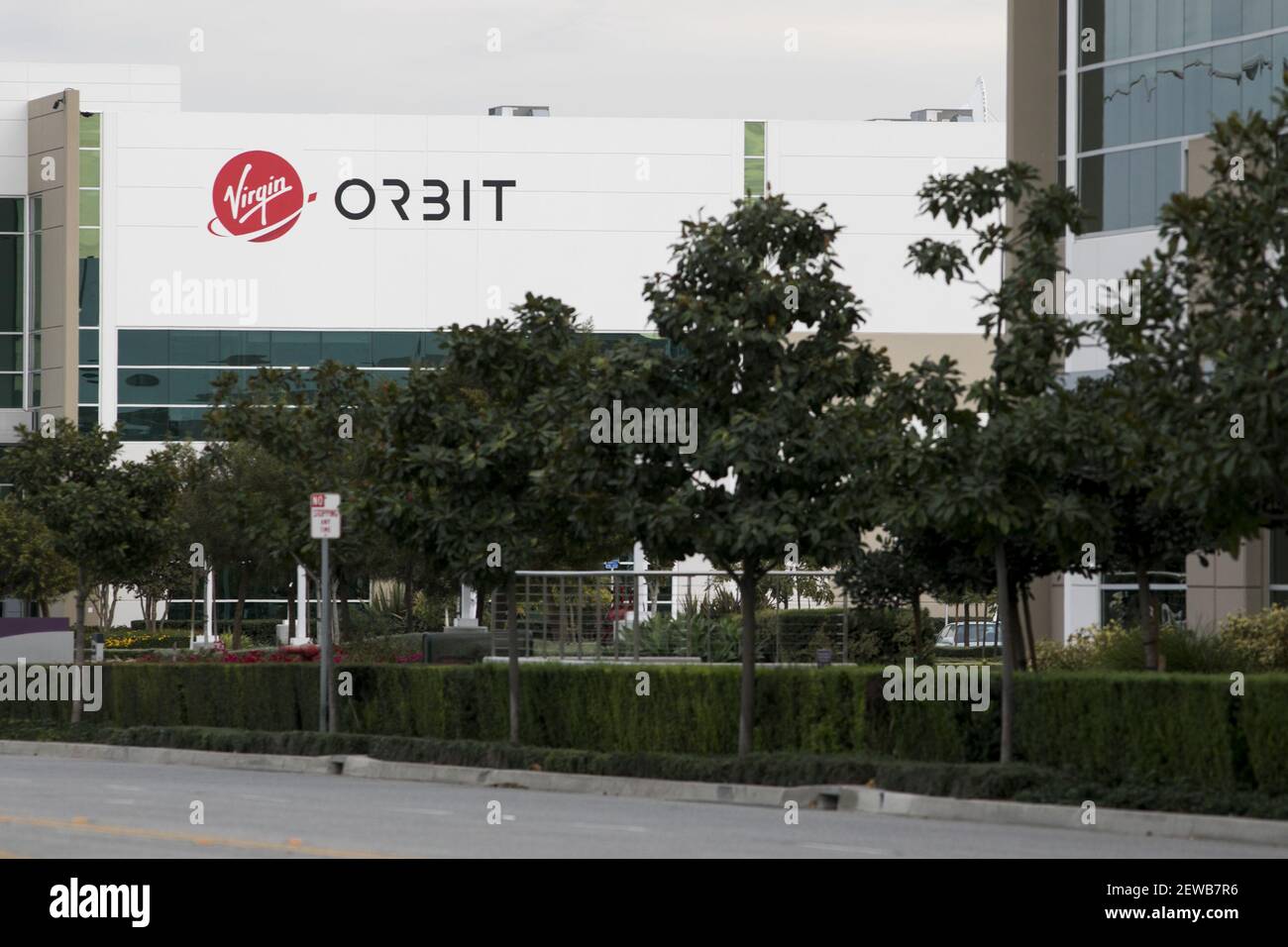 A logo sign outside of the headquarters of Virgin Orbit in Long Beach ...