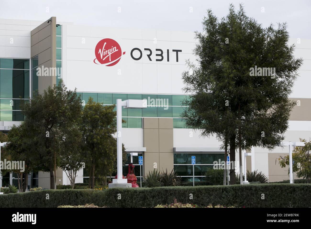 A logo sign outside of the headquarters of Virgin Orbit in Long Beach ...