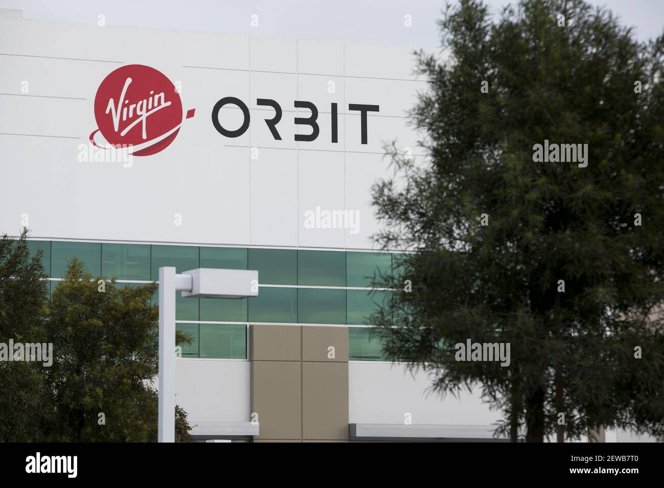 A logo sign outside of the headquarters of Virgin Orbit in Long Beach ...