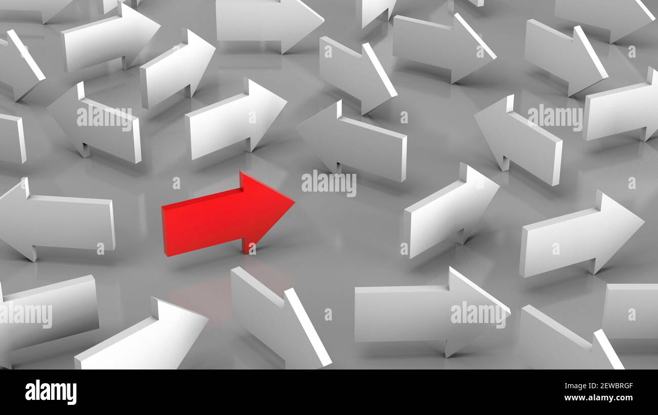Different directions of movement. Red arrow among whites. 3d render ...