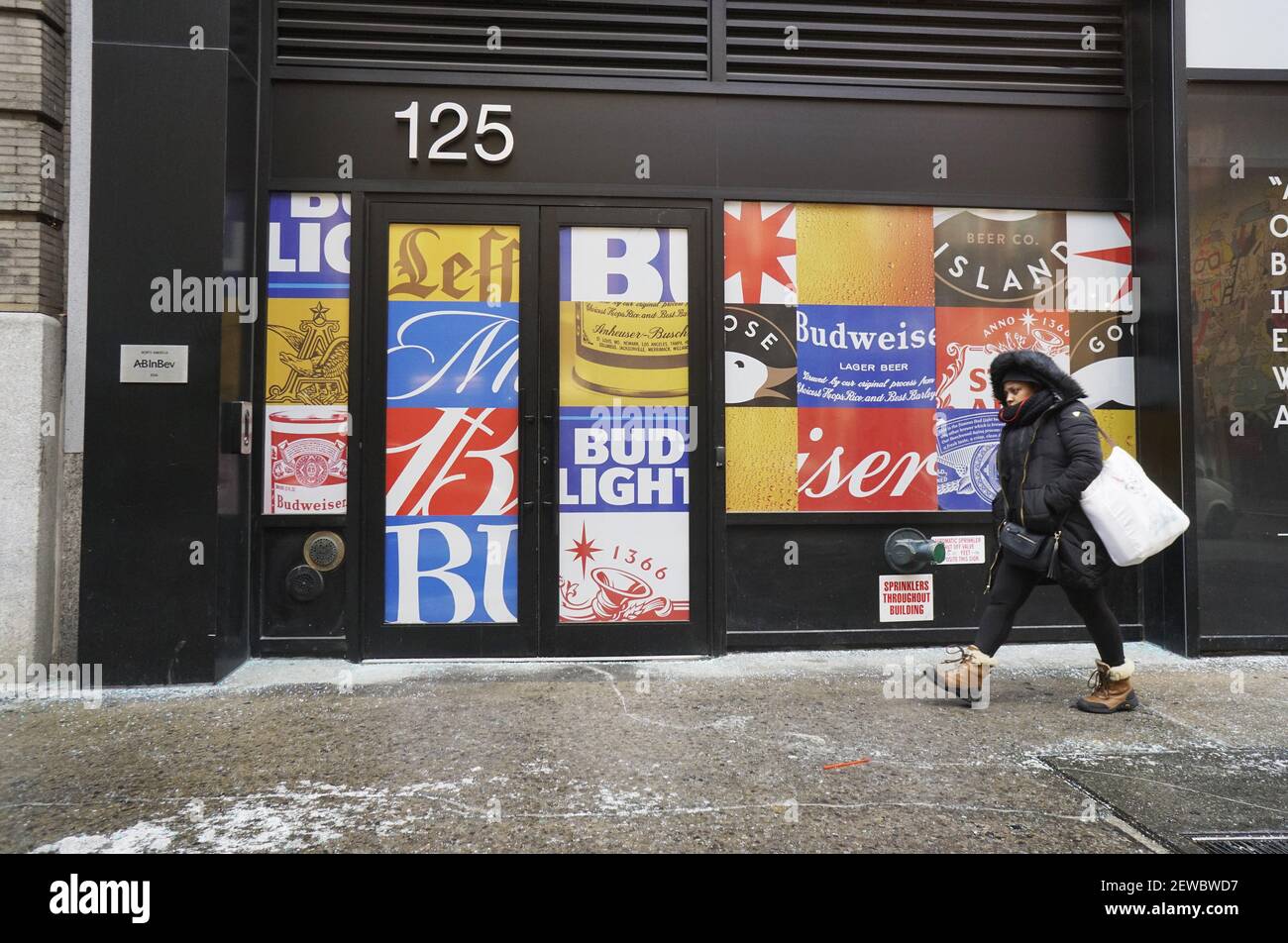 A collage-like mural decorates the entrance to the Anheuser-Busch ...
