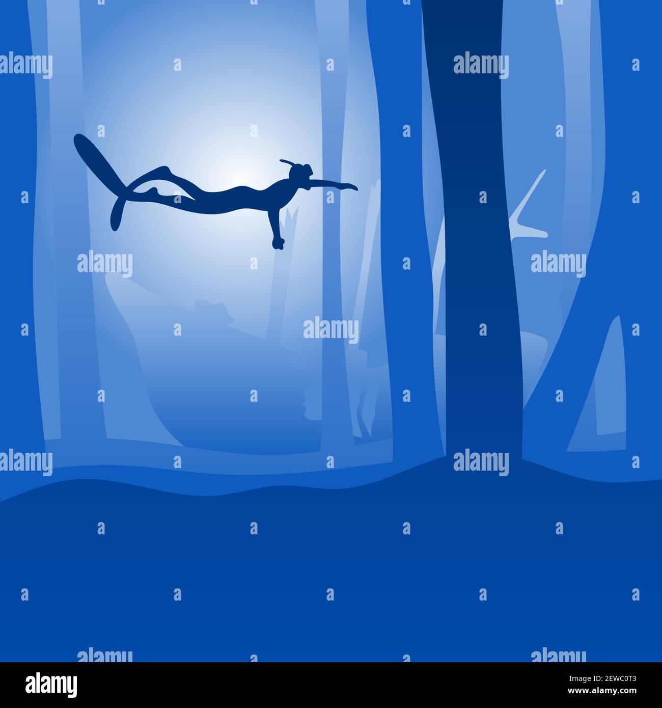 man freediver glides with fins underwater with ship wreck underwater ...