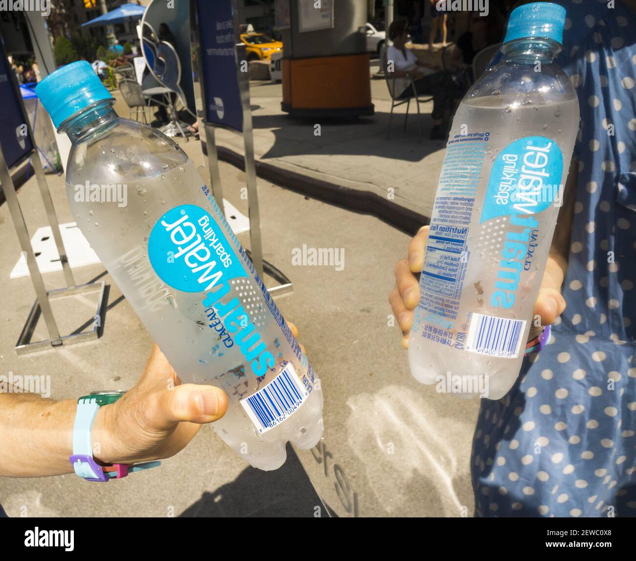 Visitors at a SmartWater branding event in Flatiron Plaza in New York ...