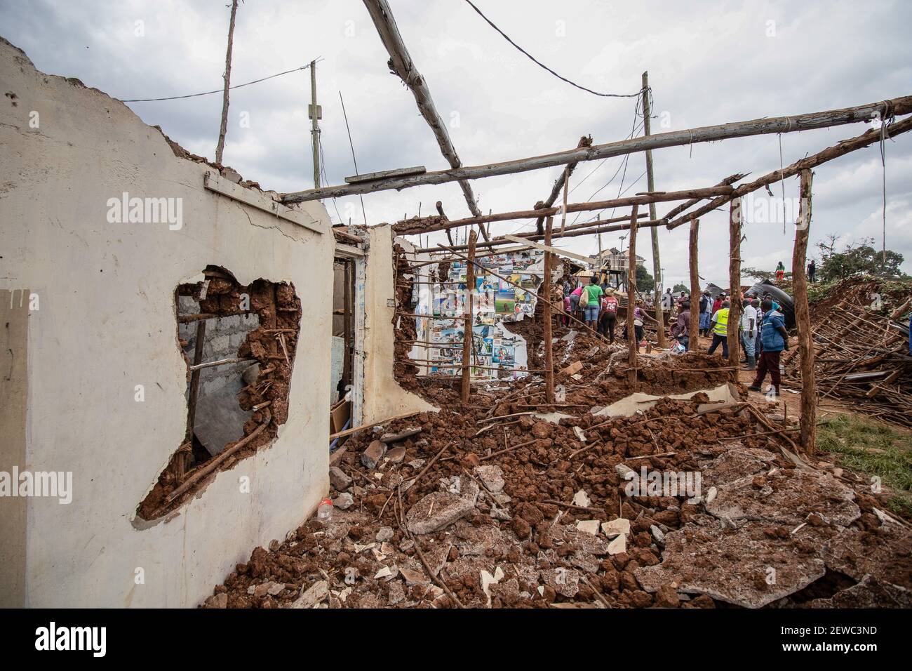 General view of a house structure during the forced eviction of ...