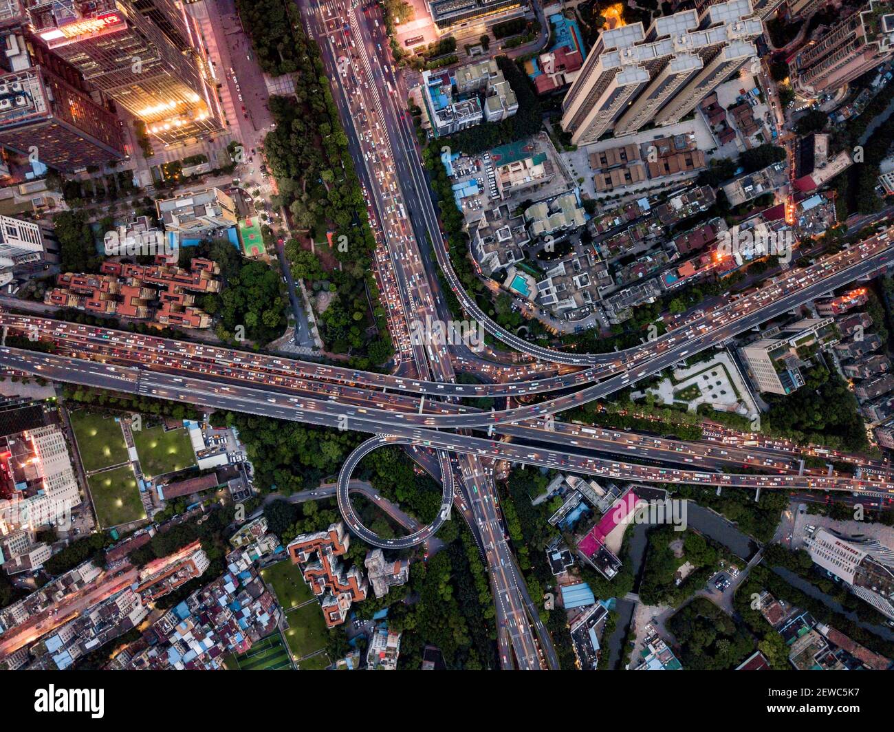 --FILE--An aerial view of elevated highways, viaducts and clusters of ...