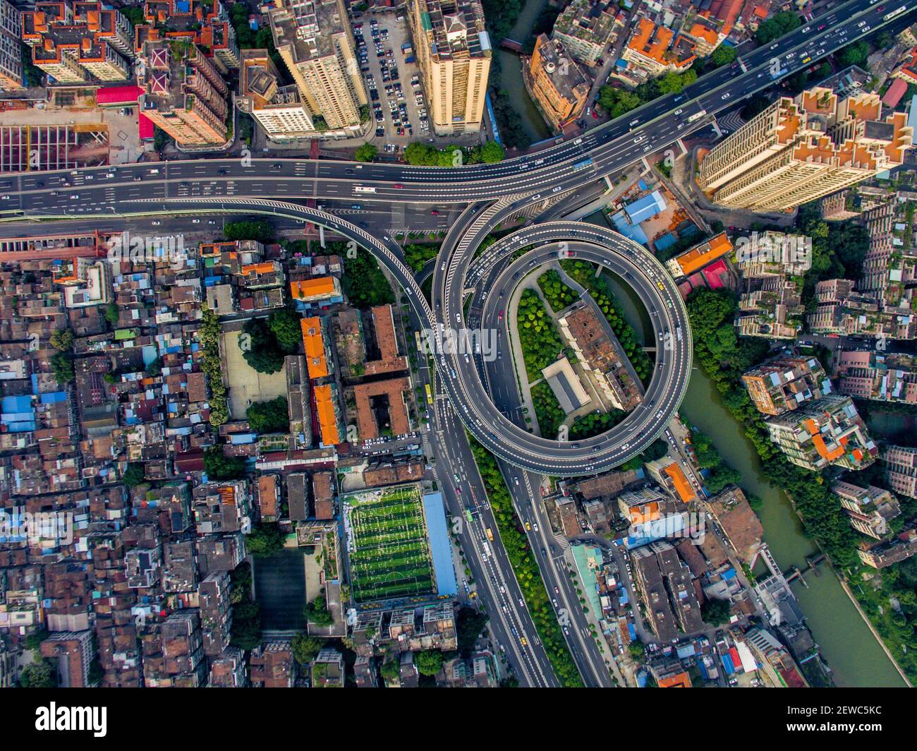 --FILE--An aerial view of elevated highways, viaducts and clusters of ...