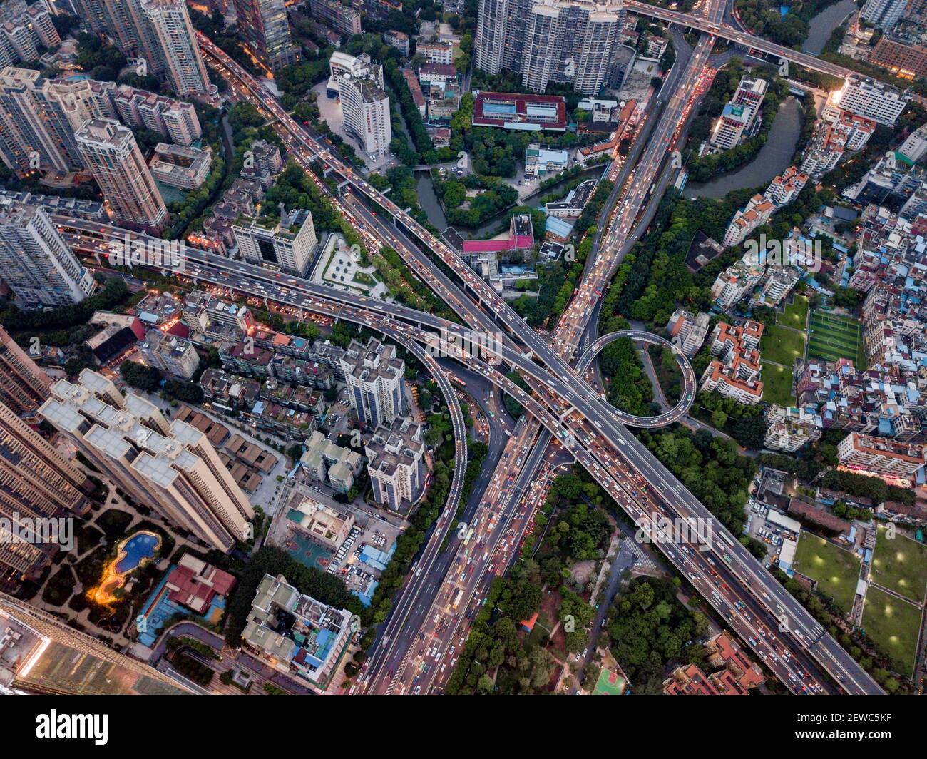 --FILE--An aerial view of elevated highways, viaducts and clusters of ...