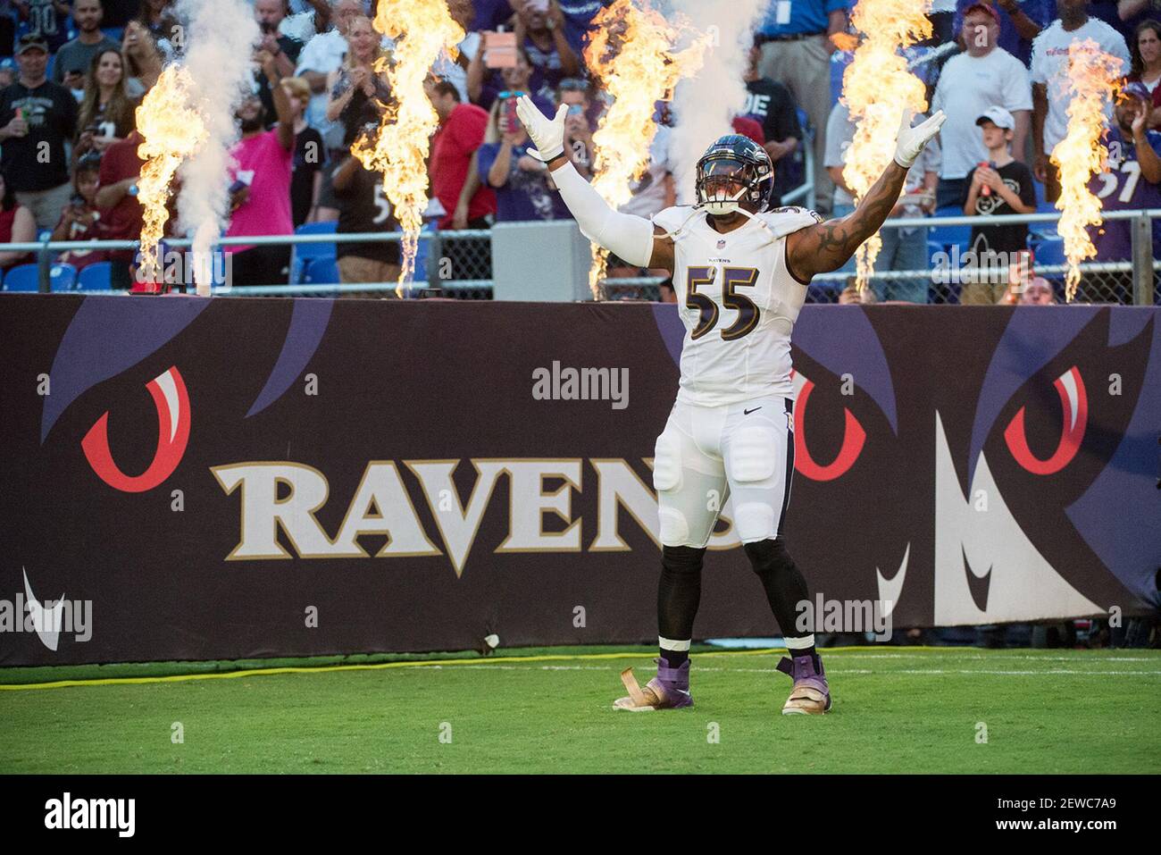 Baltimore Ravens linebacker Terrell Suggs takes the field before the ...