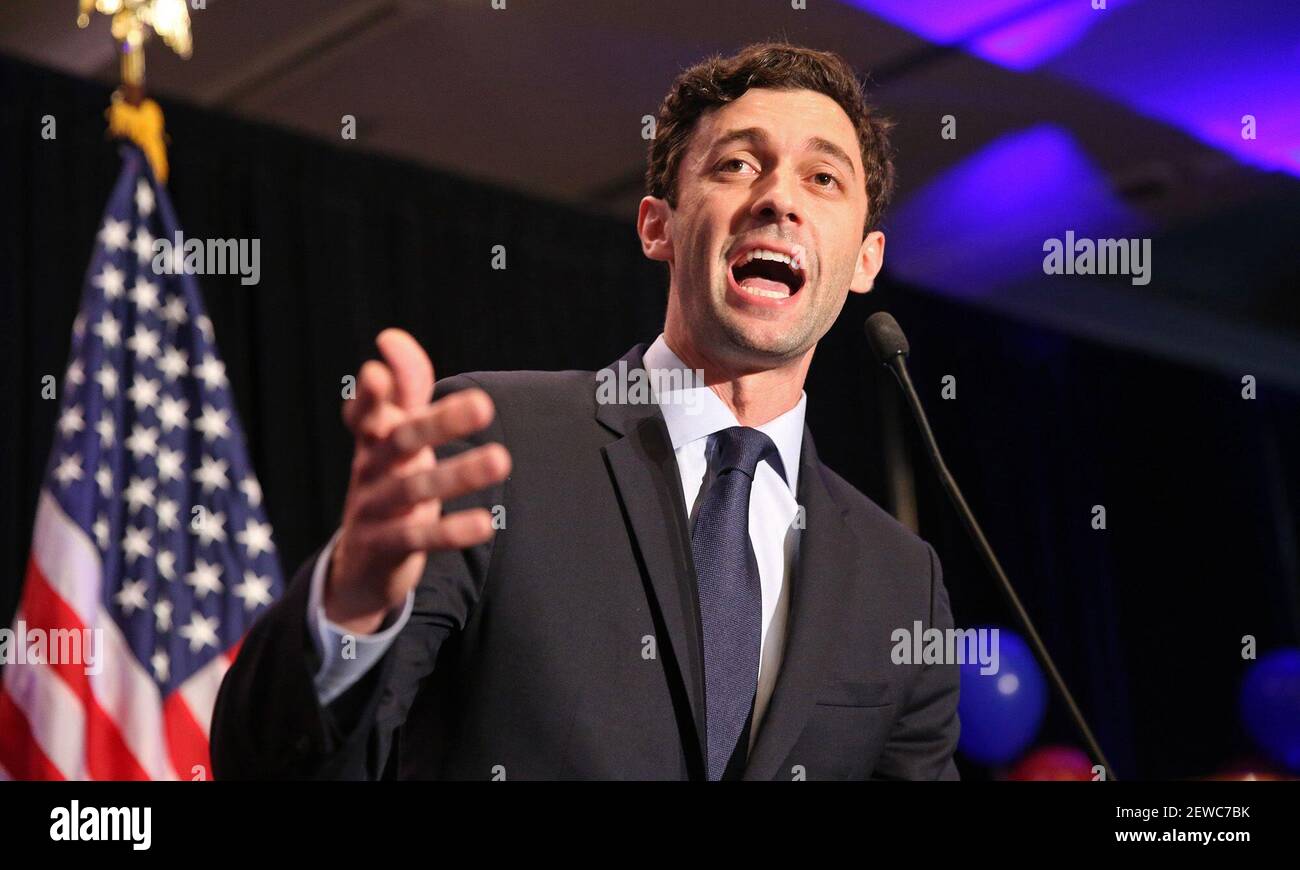 Democratic candidate Jon Ossoff addresses the crowd during his election ...