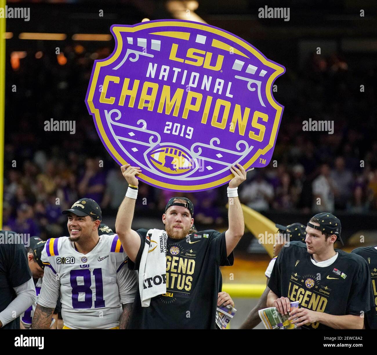 January 13, 2020: LSU long snapper Blake Ferguson (48) holds up a ...