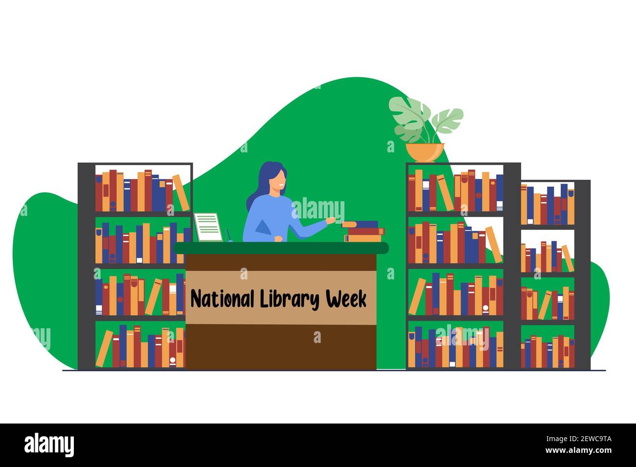 National Library Week, Female smiling librarian standing at counter ...