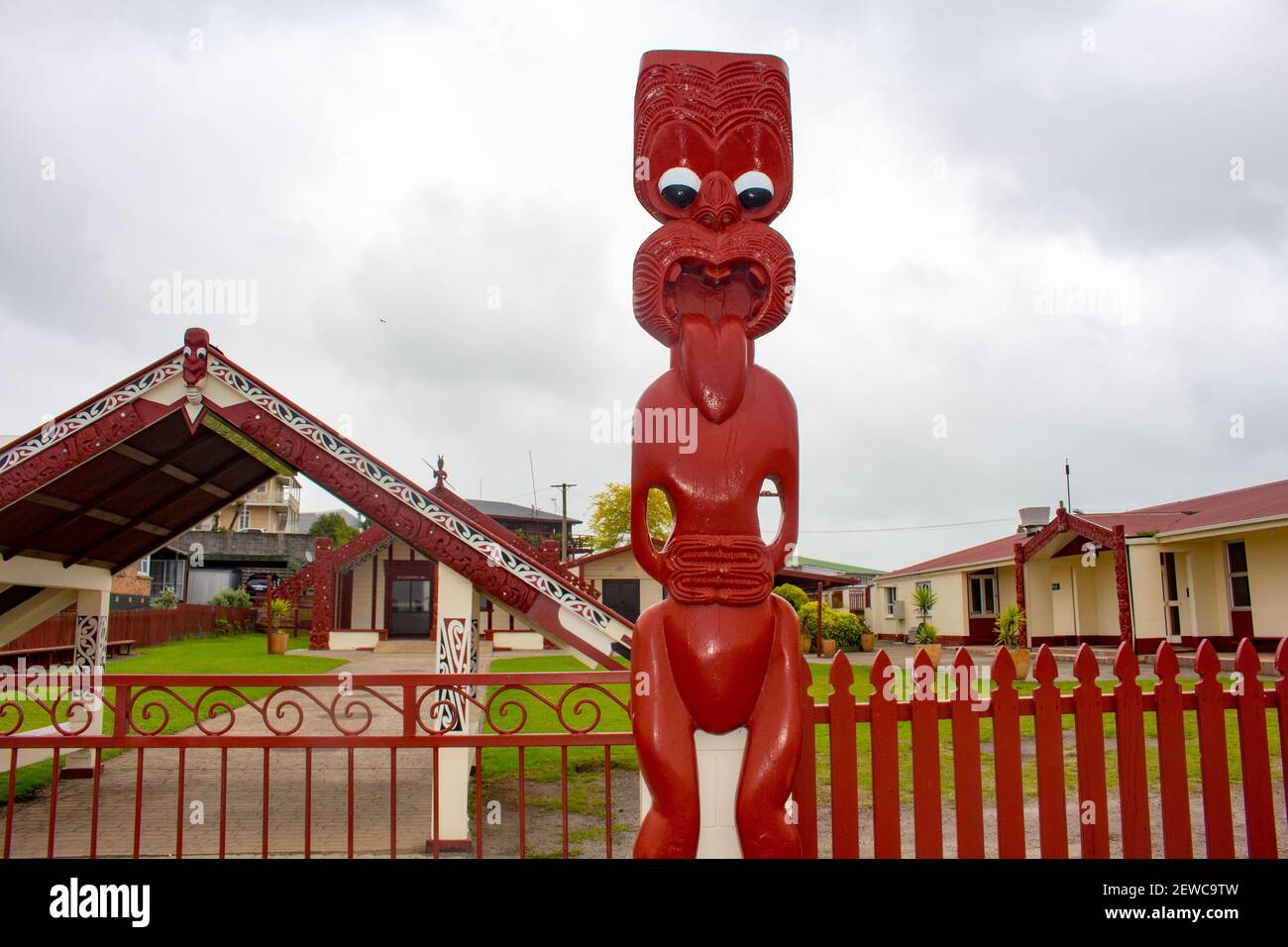 Entrance to Ohinemutu Maori village with elaborate carvings and designs ...