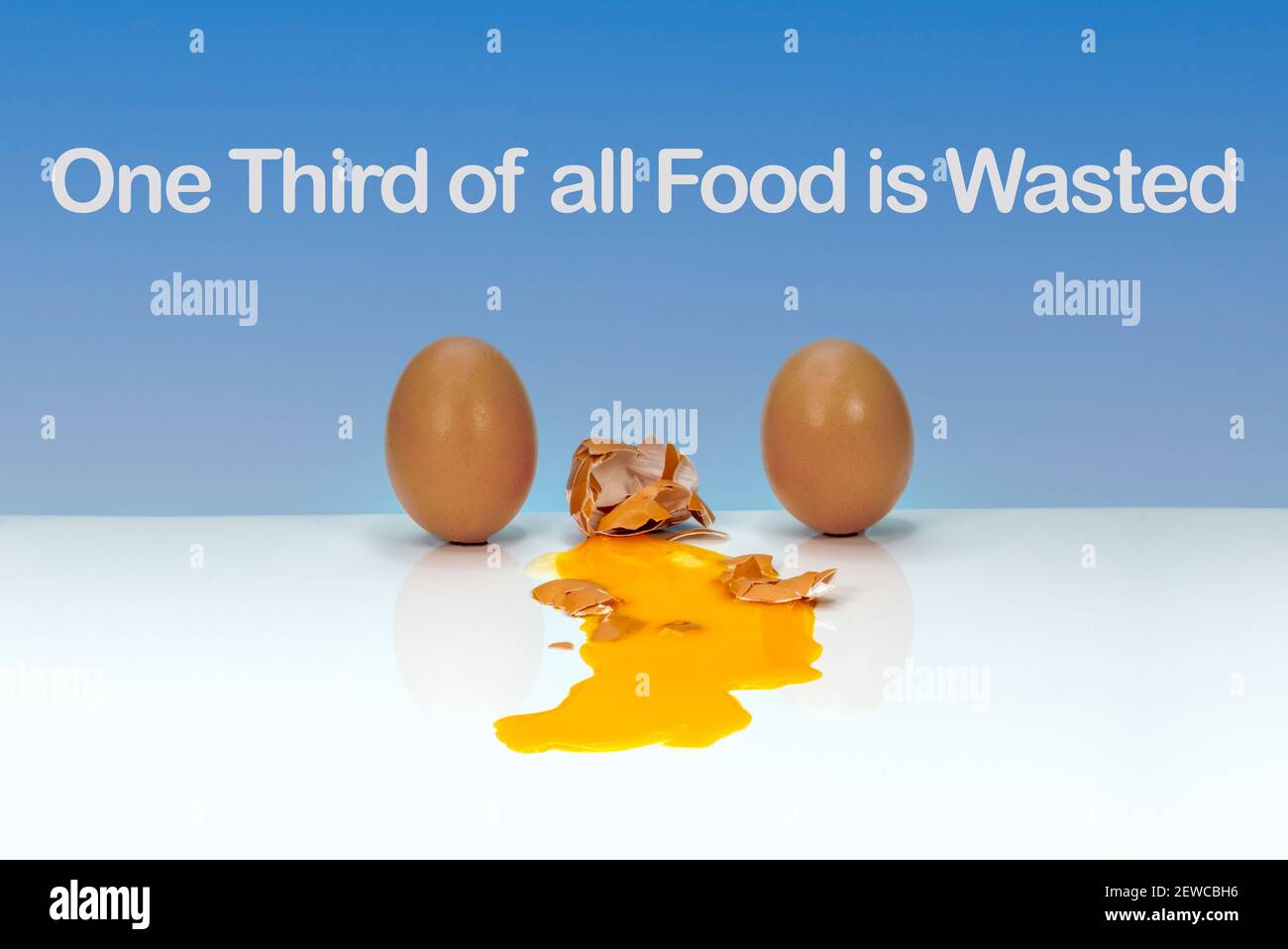 One third of all food is wasted text, 3 eggs, one broken to illustrate ...