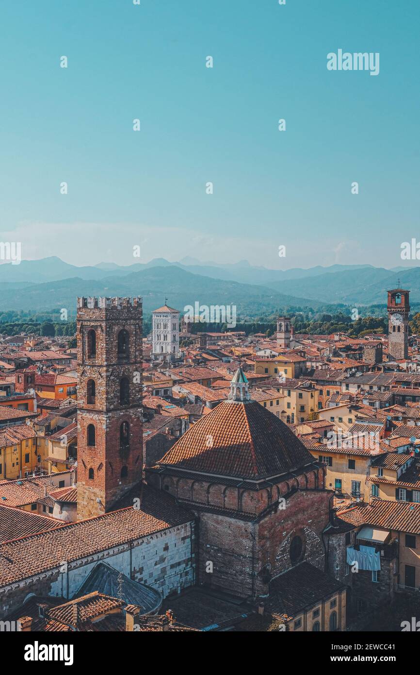 A breathtaking view of the beautiful medieval town Lucca in Tuscany ...