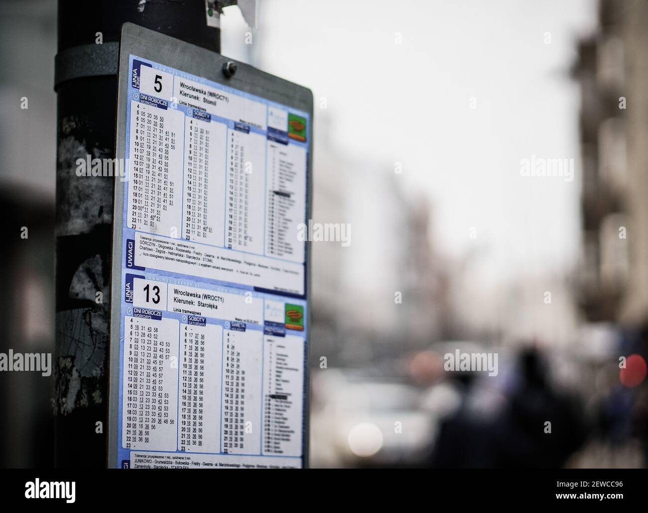 POZNAN, POLAND - Oct 09, 2016: Bus stop time table of different lines ...
