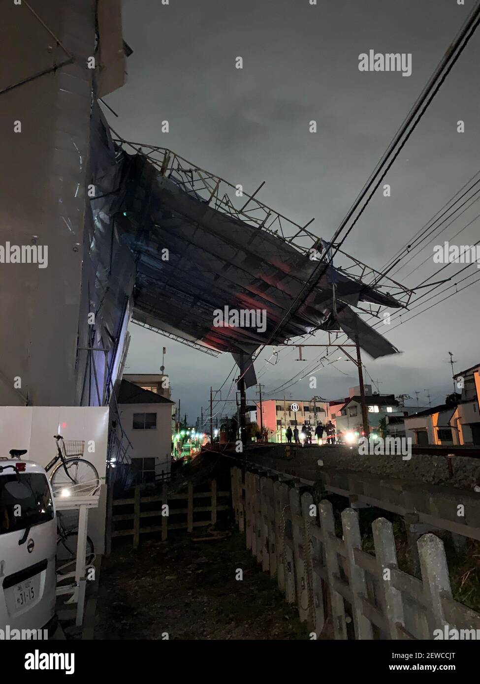 Tokyo, Japan. 2nd March, 2021. A scaffold collapse onto railway tracks ...