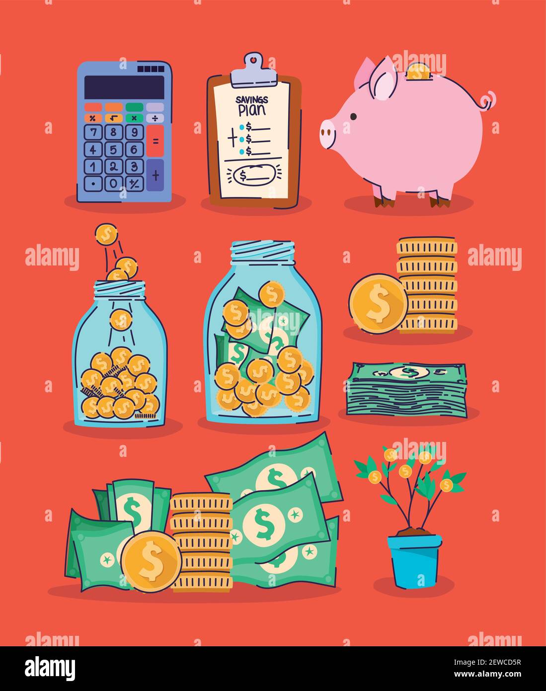 set of saving management icons on a red background Stock Vector Image ...