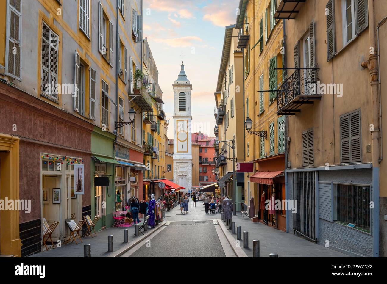 View of the campanile bell tower of the Nice Cathedral at Place ...