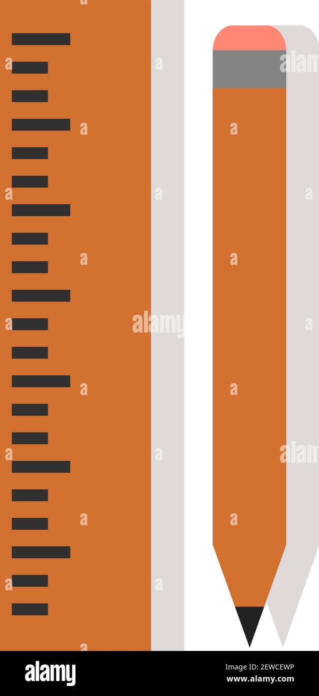 Orange pencil and ruler, illustration, vector on white background Stock ...