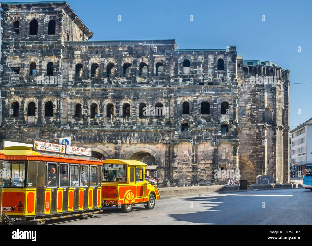 sightseeing train at Porta Nigra, Roman city gate in Trier, Rhineland ...