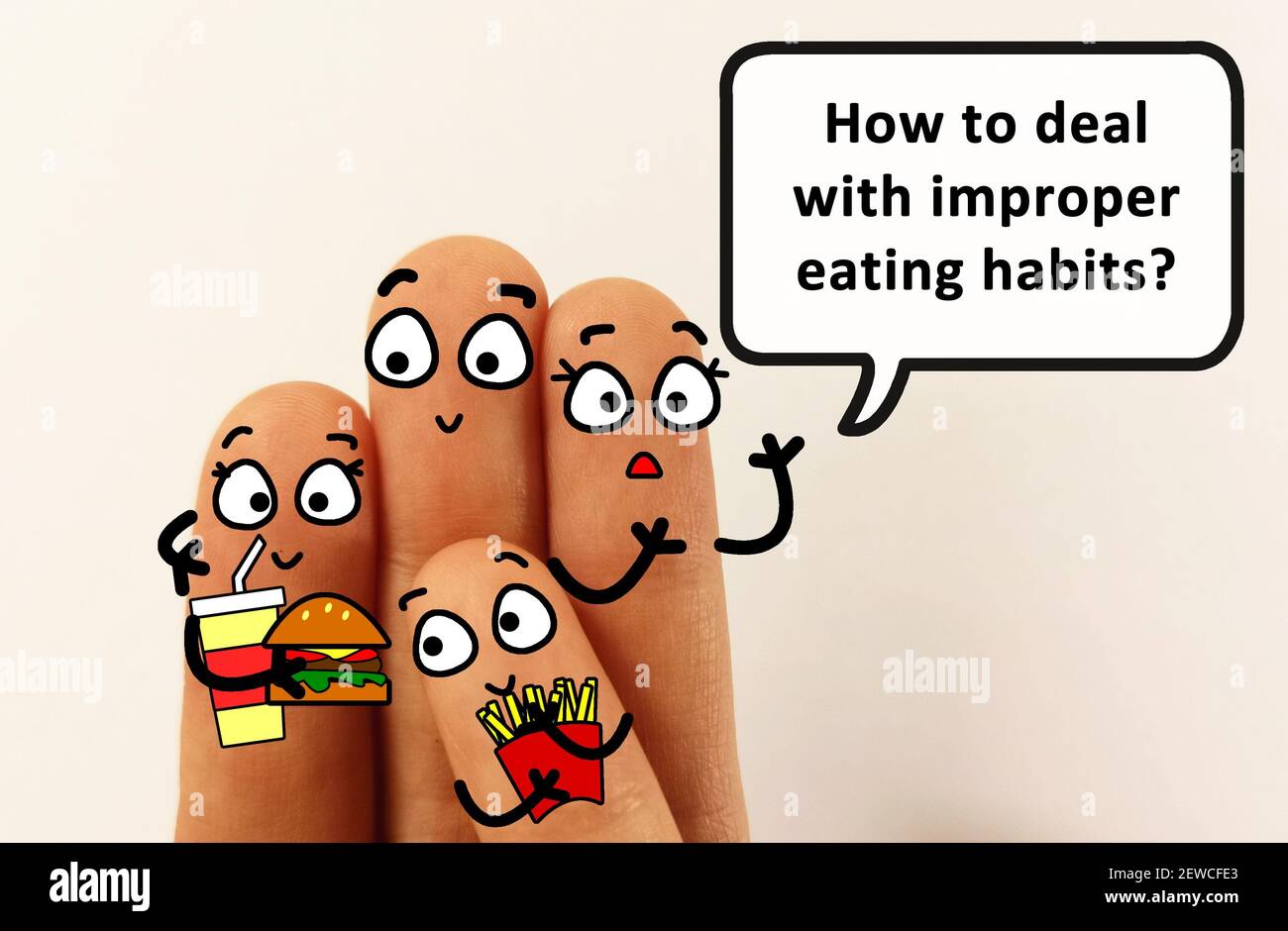 Four fingers are decorated as four person. One of them is asking how to ...