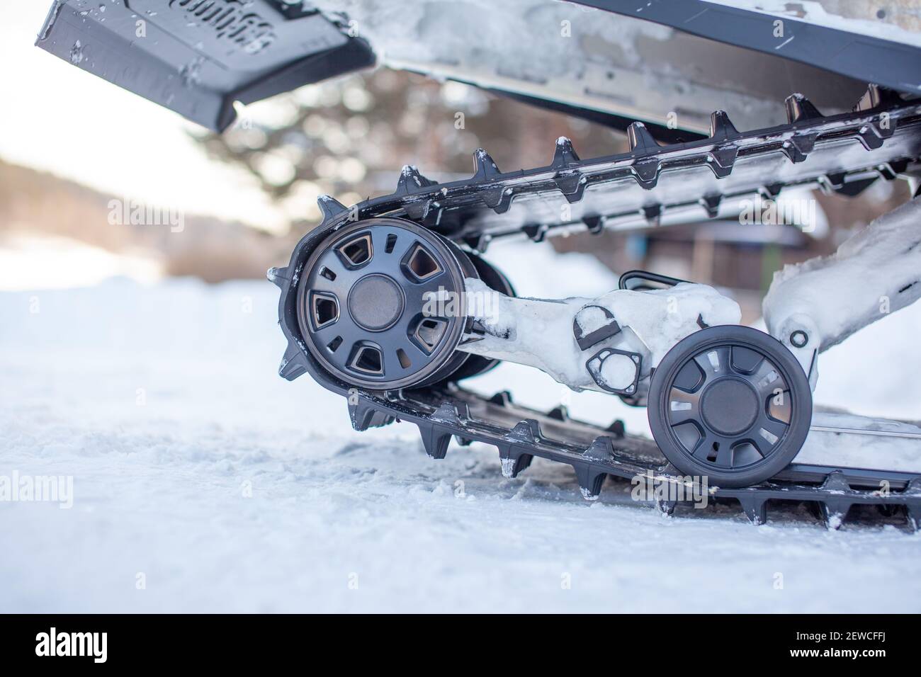 The back of the snowmobile in winter. Riding in the snow on a ...