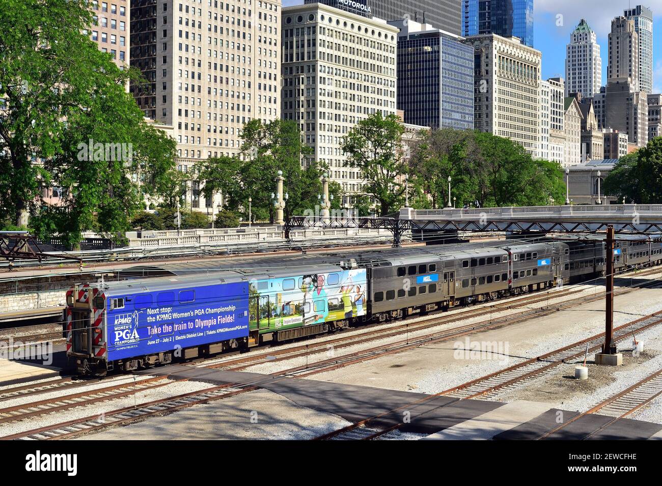 Chicago, Illinois, USA. A Metra commuter train, complete with ...