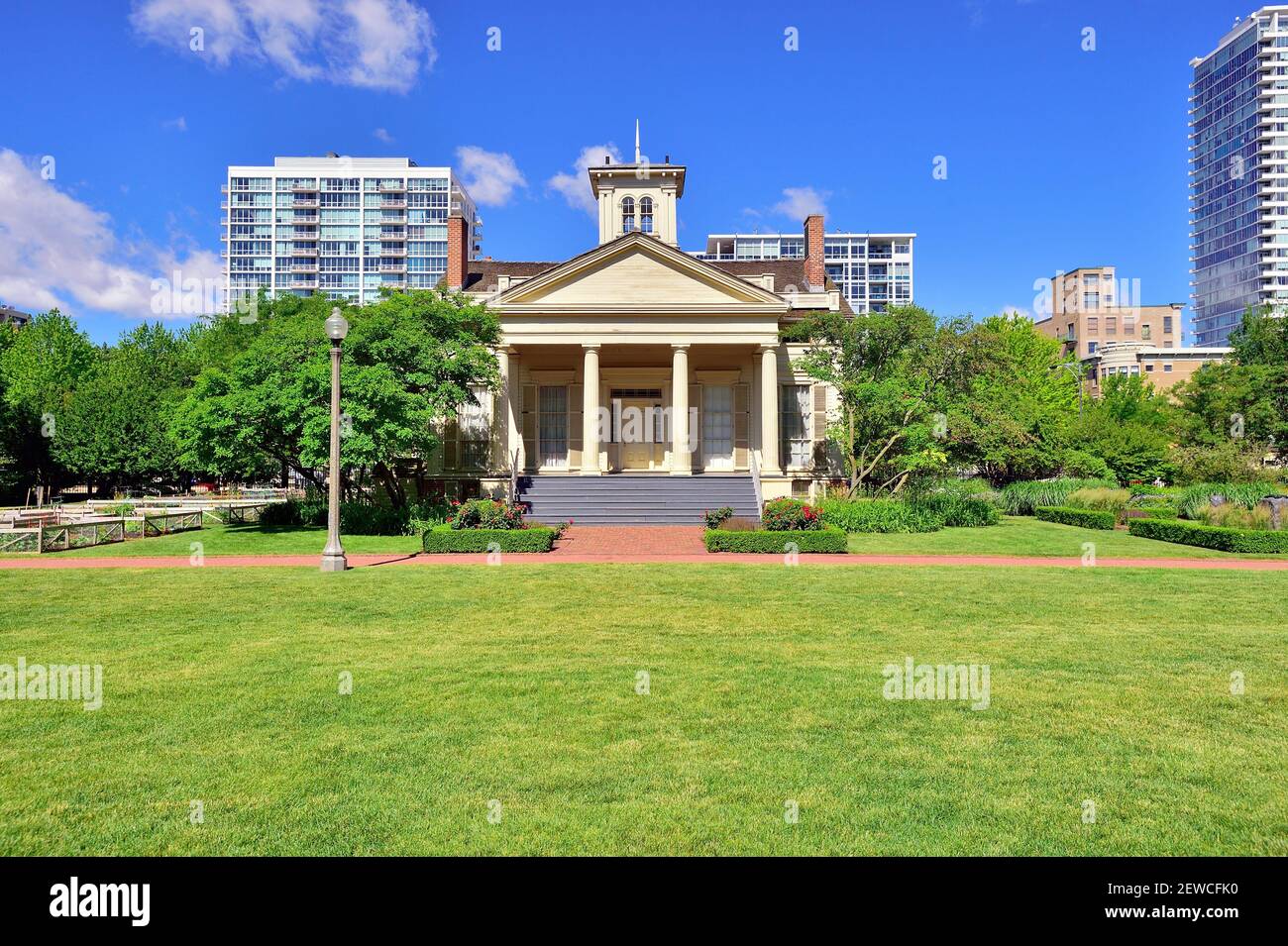 Chicago, Illinois, USA. The Henry B. Clarke House in Chicago surrounded ...
