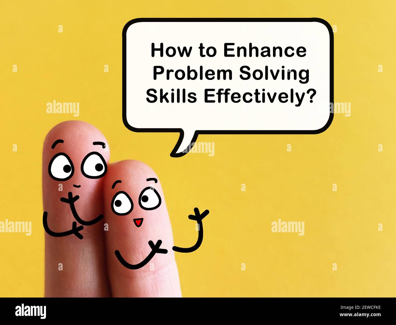 Two fingers are decorated as two person. One of them is asking how to enhance problem solving ...