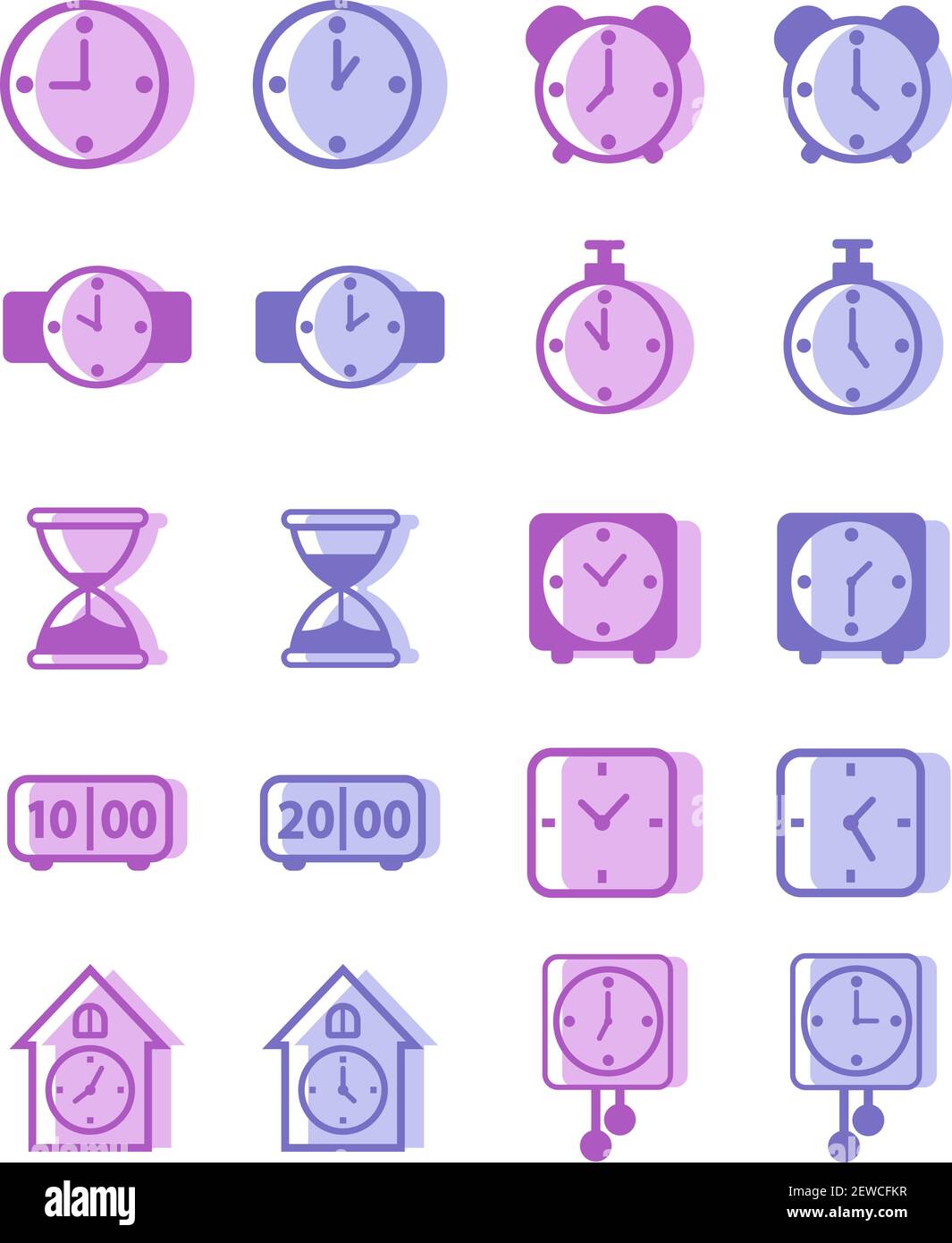 Pink and purple clocks, illustration, vector on white background Stock ...