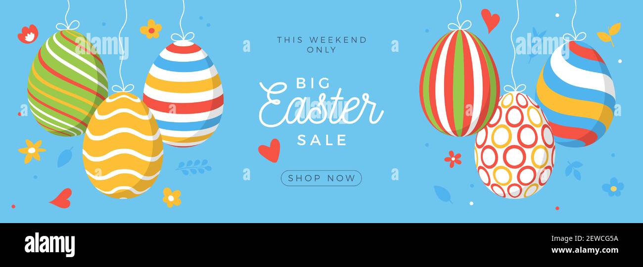 Easter egg sale horizontal banner. Easter card with flat eggs hang on a ...