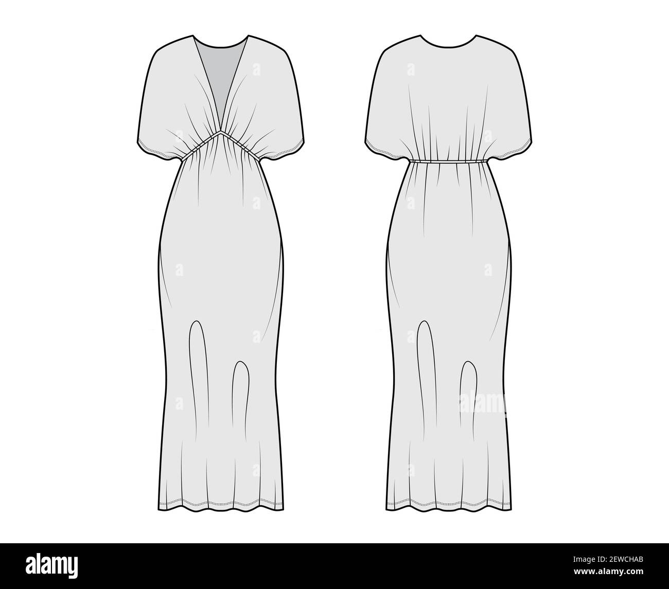 Kaftan dress technical fashion illustration with deep V-neck, batwing ...