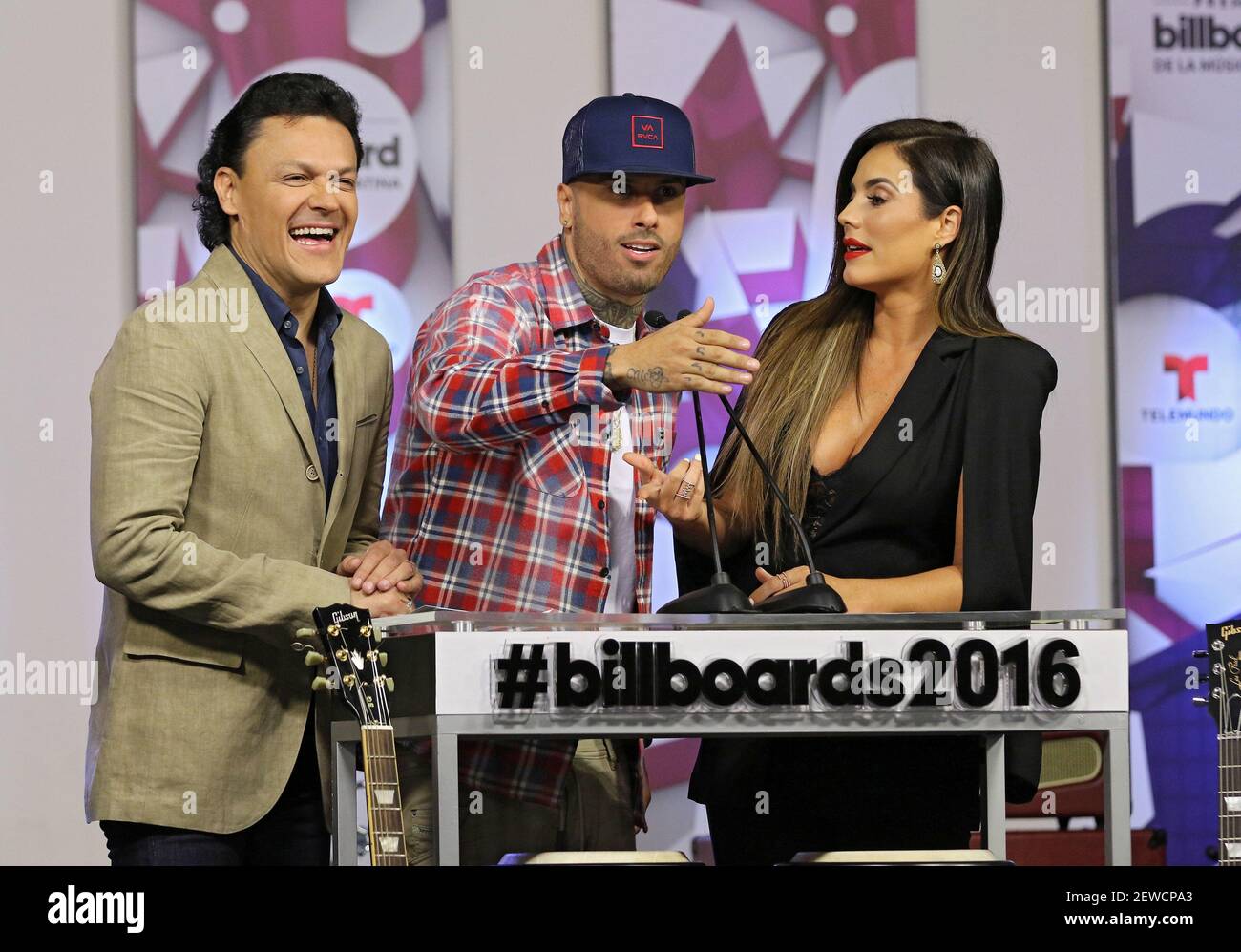 MIAMI, FL - FEBRUARY 3: Pedro Fernandez, Nicky Jam and Gaby Espino are ...