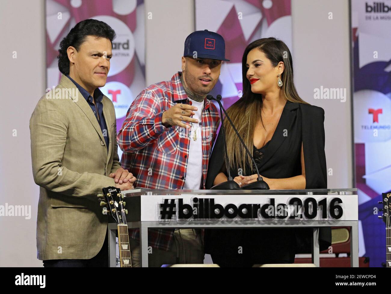 MIAMI, FL - FEBRUARY 3: Pedro Fernandez, Nicky Jam and Gaby Espino are ...
