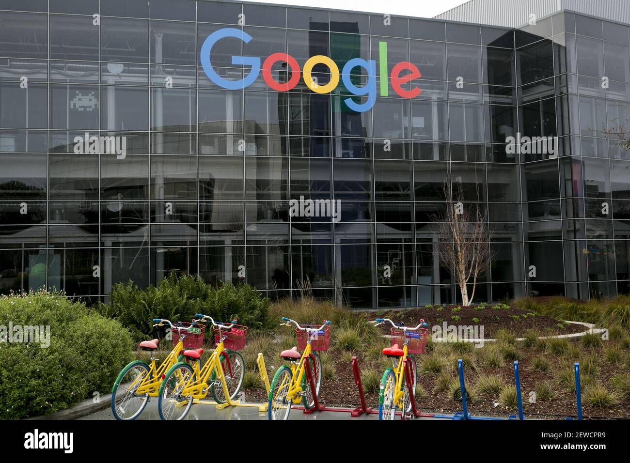 A logo sign outside of the headquarters of Google, also known as the ...