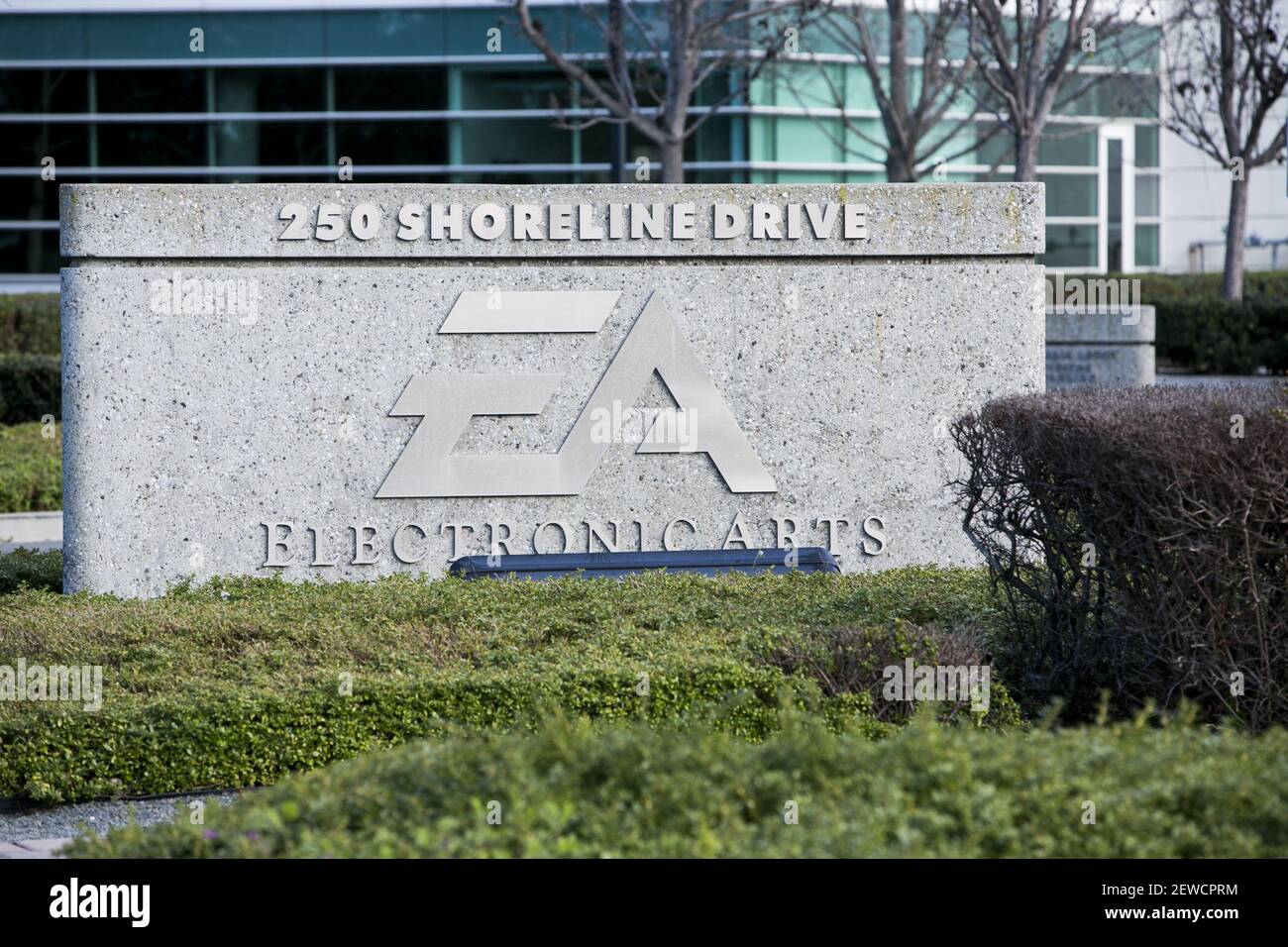 A logo sign outside of the headquarters of Electronic Arts in Redwood ...