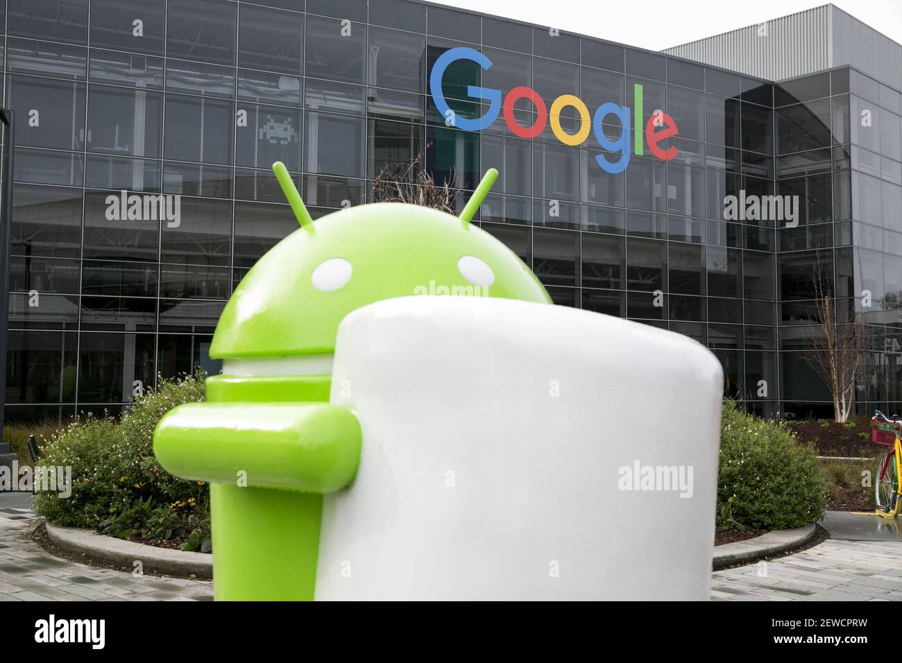 A logo sign outside of the headquarters of Google, also known as the ...
