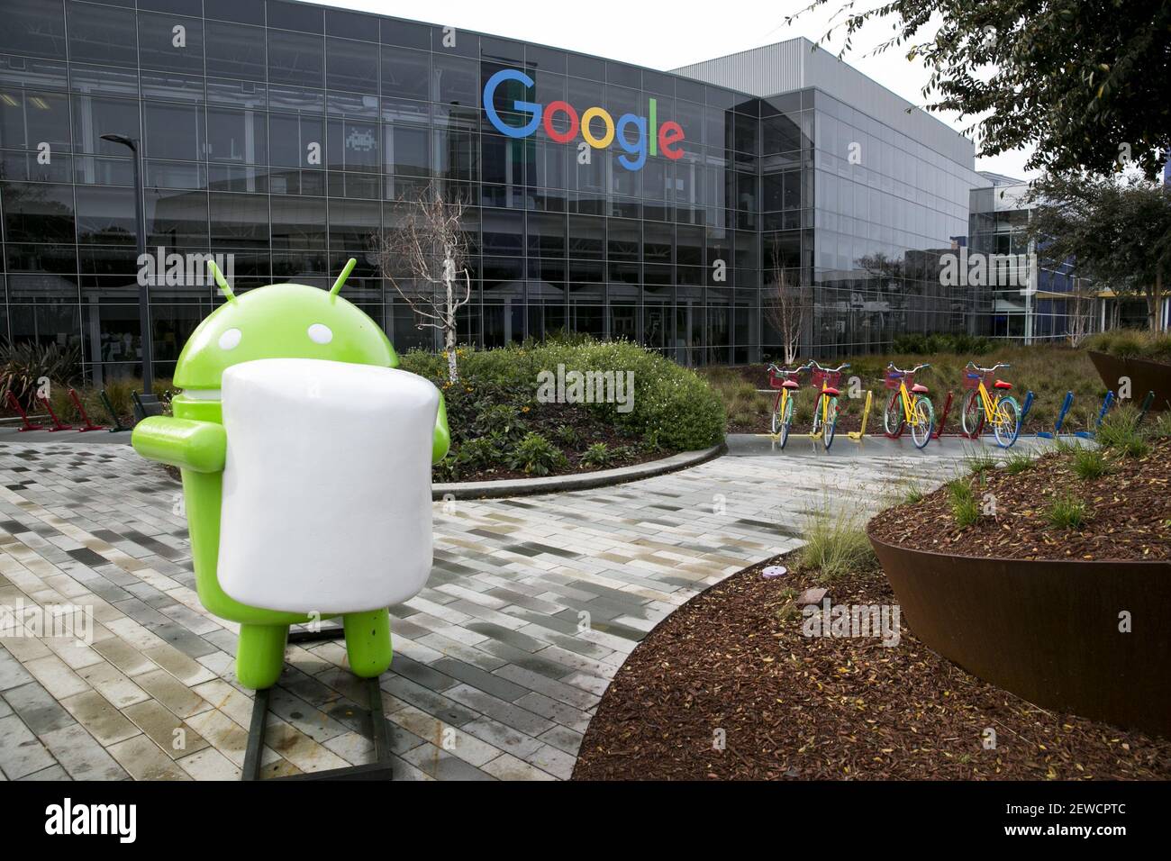 A logo sign outside of the headquarters of Google, also known as the ...