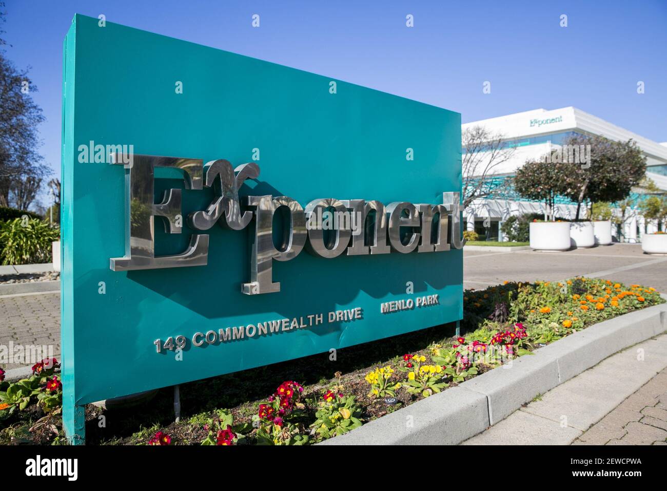 A logo sign outside of the headquarters of Exponent, Inc. in Menlo Park ...