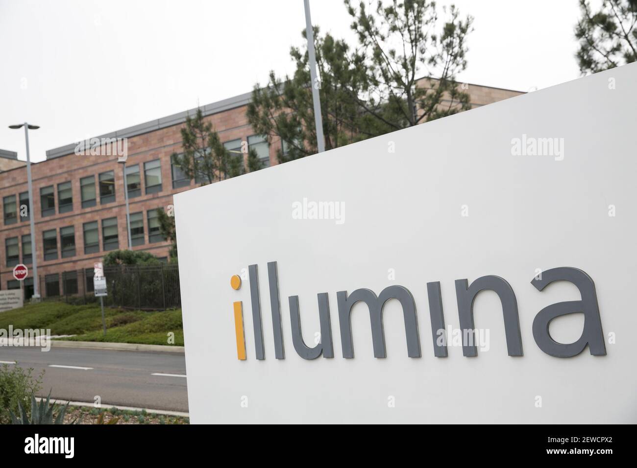 A logo sign outside of the headquarters of Illumina, Inc., in San Diego ...