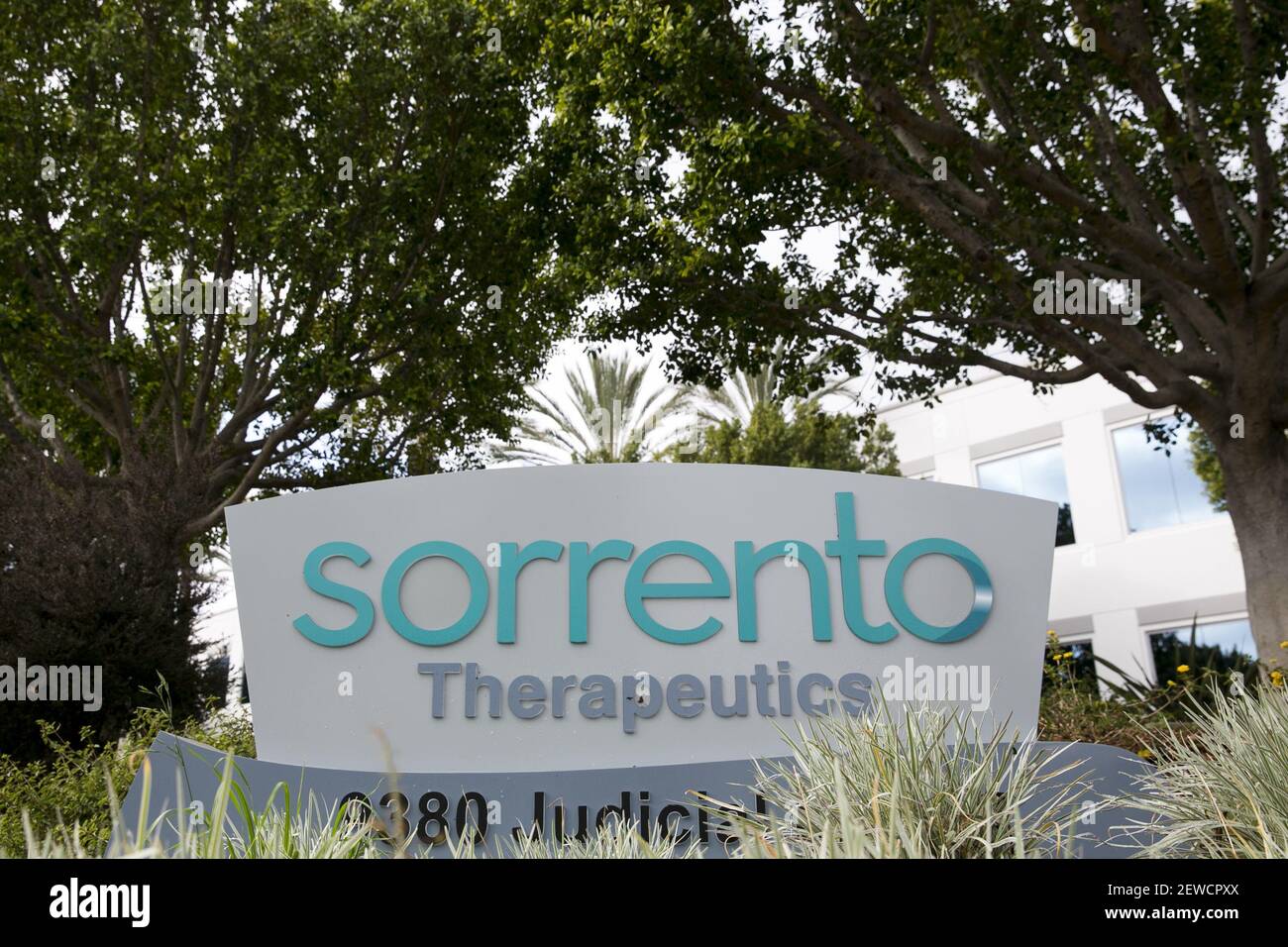 A logo sign outside of the headquarters of Sorrento Therapeutics in San ...
