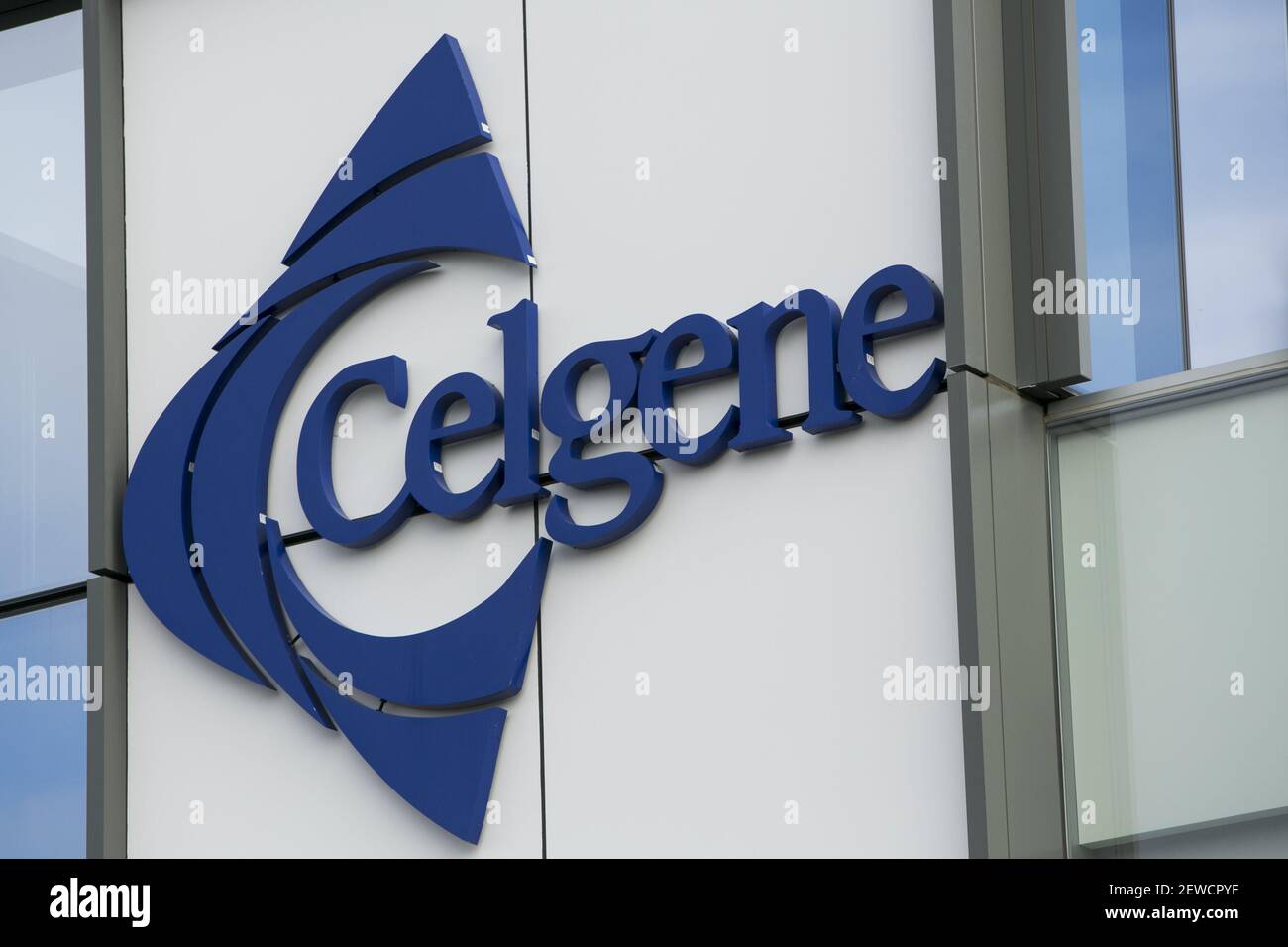A logo sign outside of a facility occupied by the Celgene Corporation ...