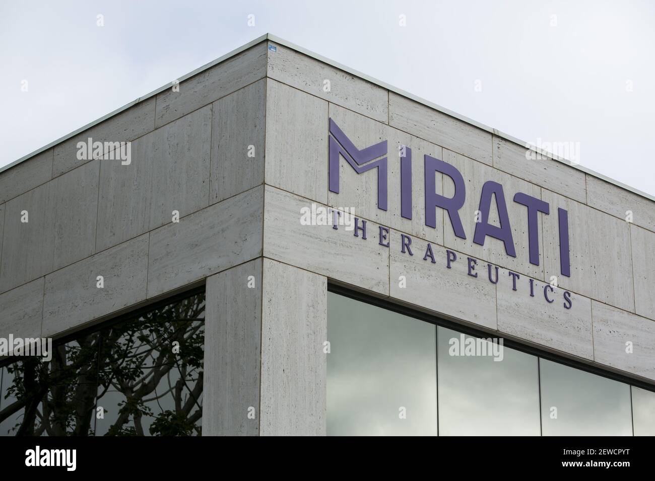 A logo sign outside of the headquarters of Mirati Therapeutics in San ...