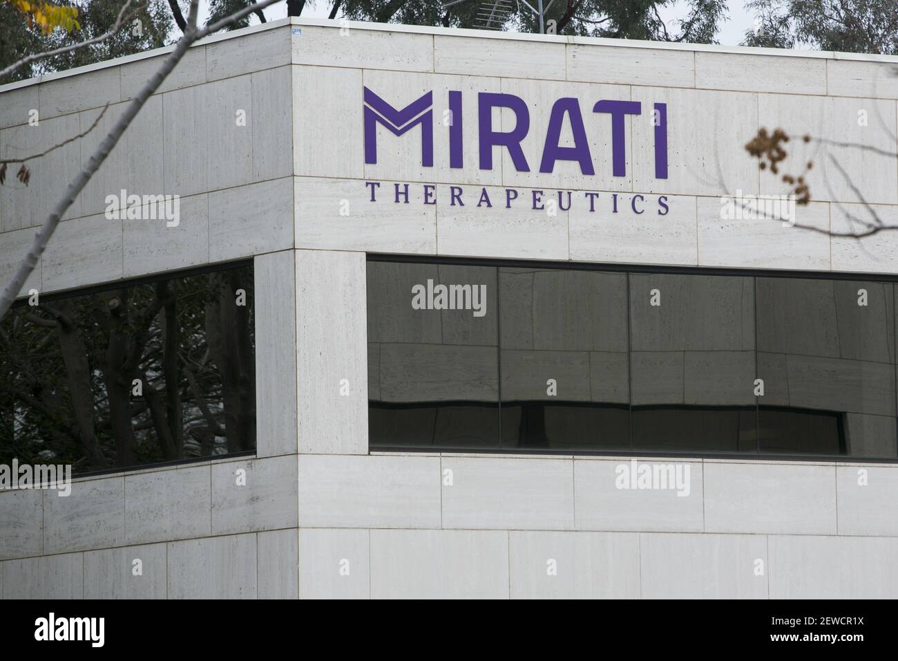 A logo sign outside of the headquarters of Mirati Therapeutics in San ...