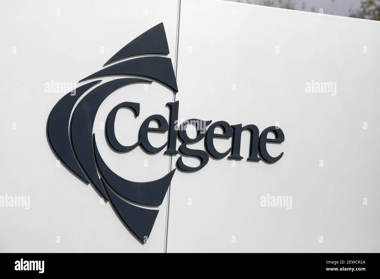 A logo sign outside of a facility occupied by the Celgene Corporation ...