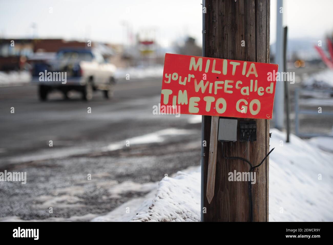 A sign in Burns Ore., pictured on February 4, 2016 calls for the ...