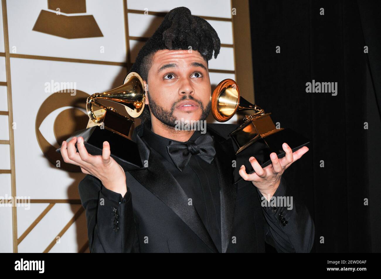 The Weeknd at the 58th annual Grammy Awards Press Room held at the Los ...