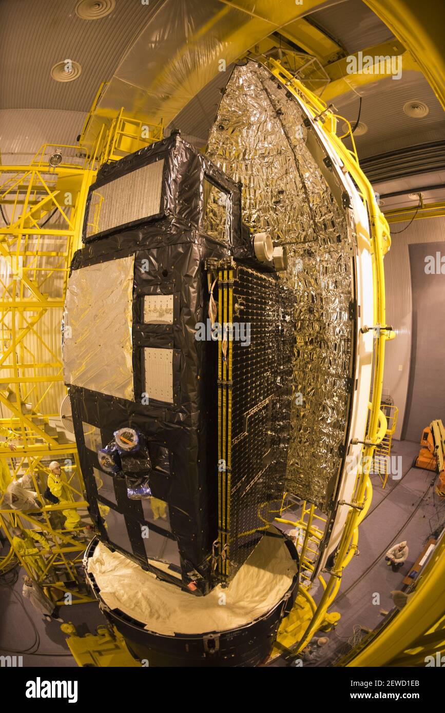 Sentinel-3A satellite being encapsulated within its Rockot fairing, on ...
