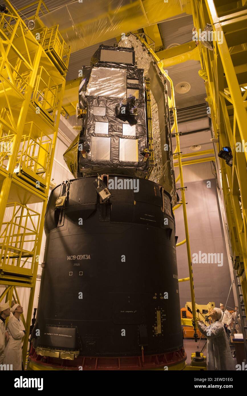 Sentinel-3A satellite being encapsulated within its Rockot fairing, on ...